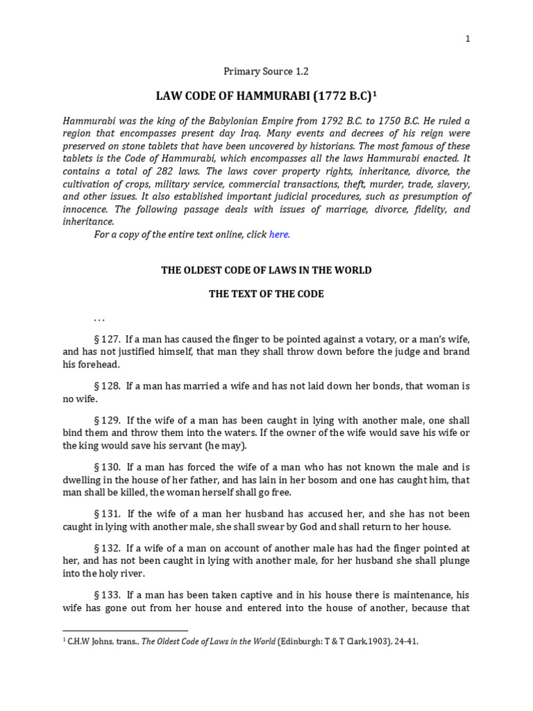 Primary Source 1.2 - Hammurabi | PDF | Marriage | Hammurabi