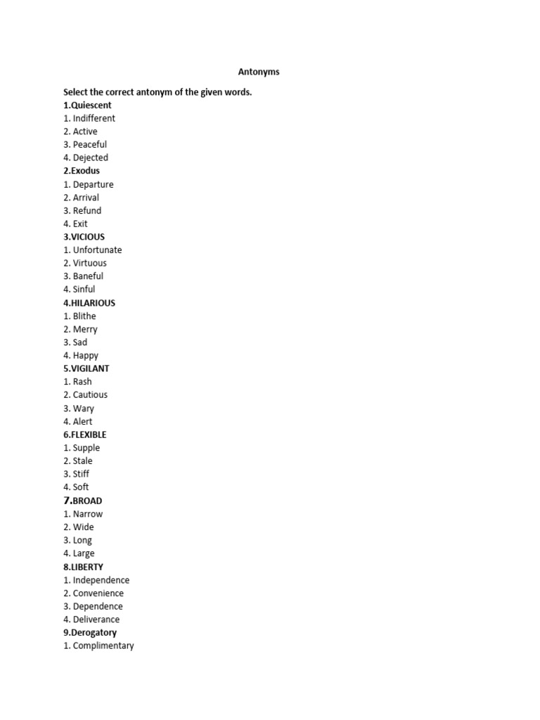 Antonyms Quiz and Answers | PDF