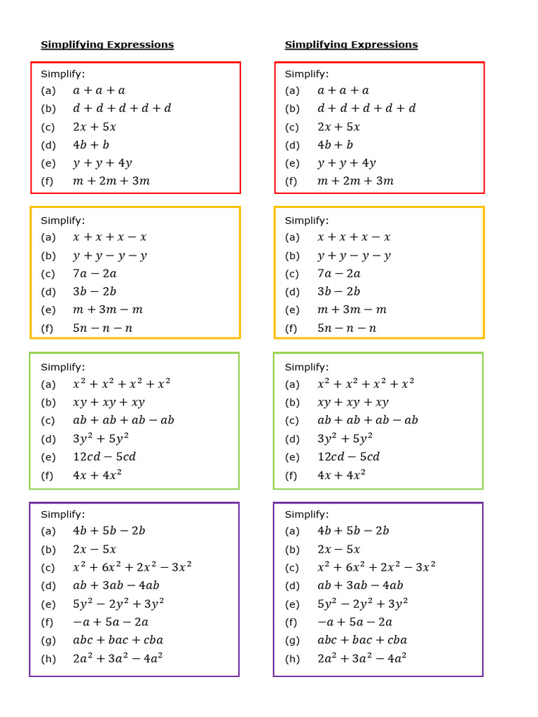 Simplifying Expressions by Adding and Subtracting Practice Strips | PDF