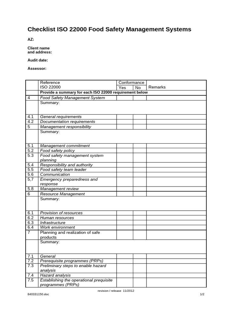 0020 ENG CL 010 Checklist-FSMS | PDF
