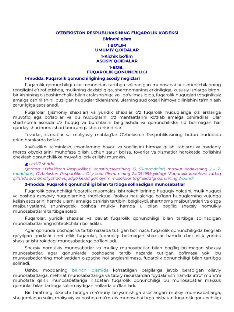 Fuqarolik Kodeksi (1-Qism) - 21.12.1995 | PDF