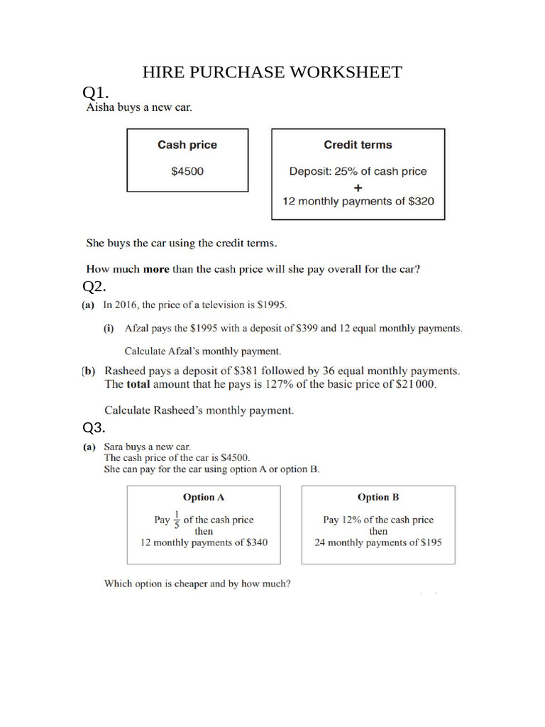 Hire Purchase Worksheet | PDF