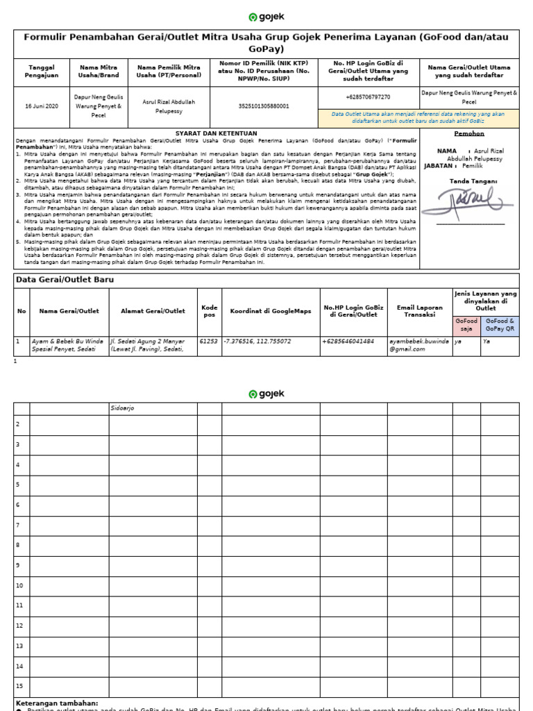 Form Penambahan Outlet GoFood & GoPay 2020 | PDF