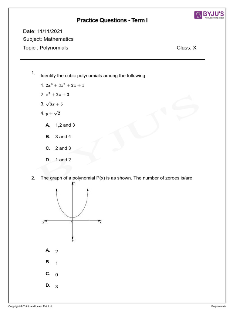 CBSE Class 10 Polynomials MCQ Practice Questions | PDF | Polynomial | Zero Of A Function