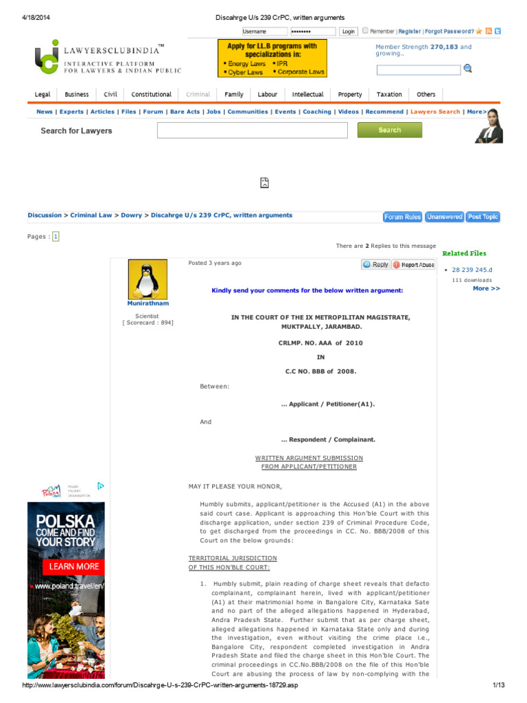 Written Arguments for Discharge u/s 239 CrPC | PDF | Public Law ...