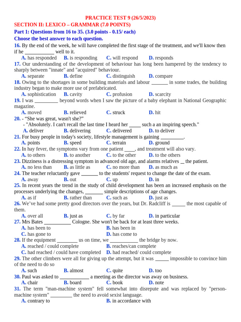 Practice Test 9 - Date 26-5-2023 | PDF