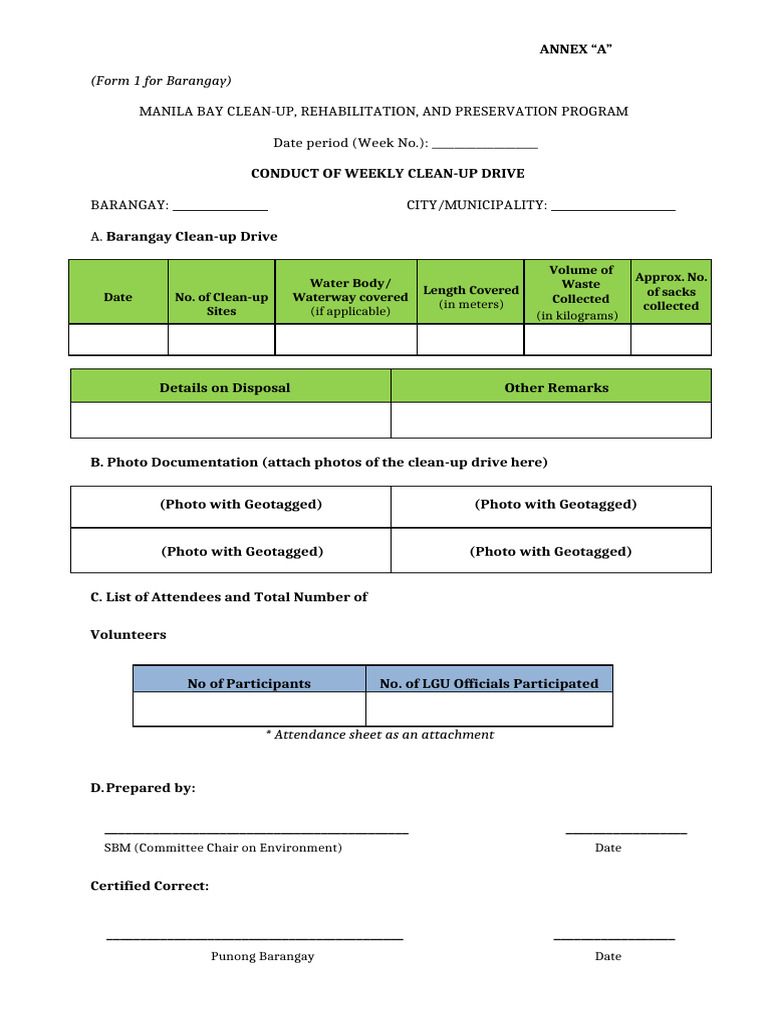 Annex-A-Barangay-Weekly-Clean-up-Report-Template (2) | PDF
