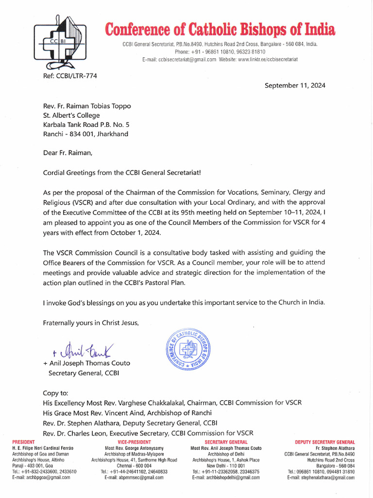CCBI Appointment Letter | PDF | Catholic Church | Church Organization