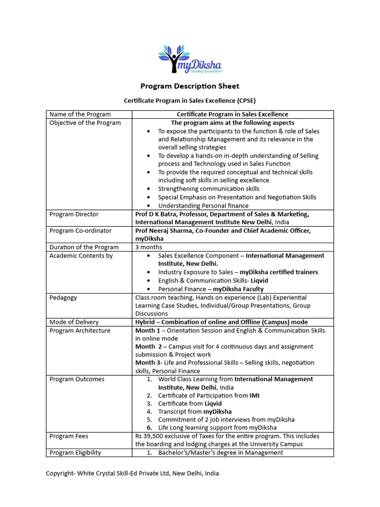 Program Description Sheet Sales Excellence Program V2 | PDF | Sales