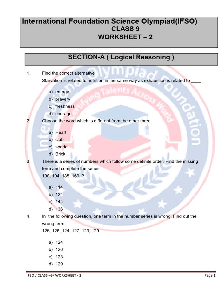 IFSO-Class-9-Worksheet-2 | PDF | Force | Cell Membrane