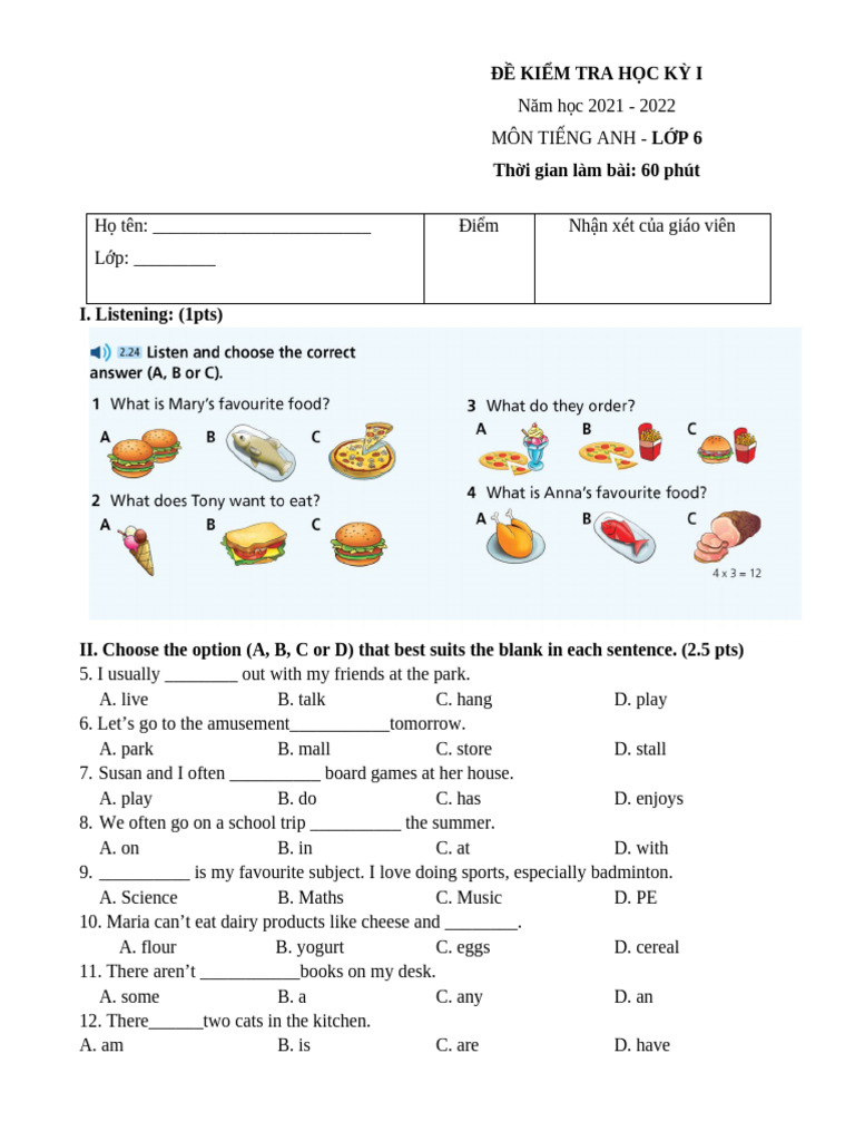 Đề KT HK1 TA6 Right On (1) | PDF | Lunch | Verb