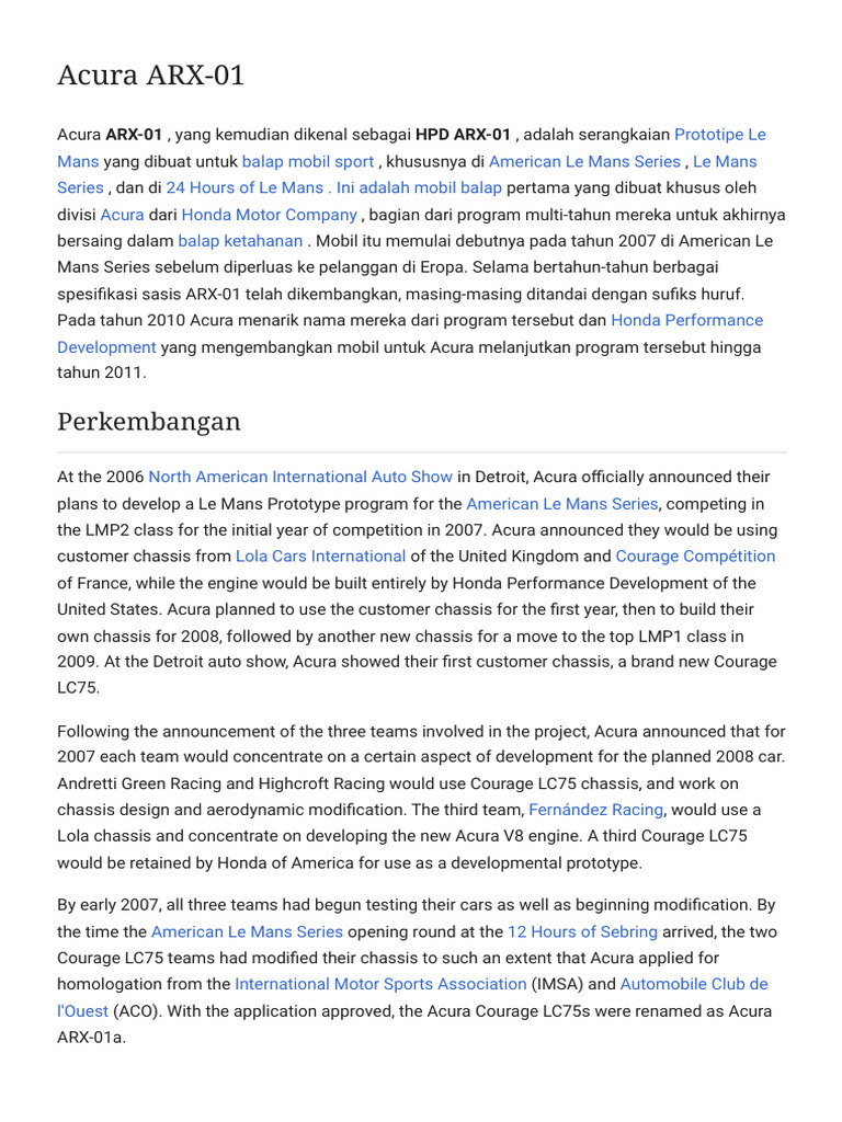 Acura ARX-01 - Wikipedia | PDF | Sports Car Racing | 24 Hours Of Le Mans