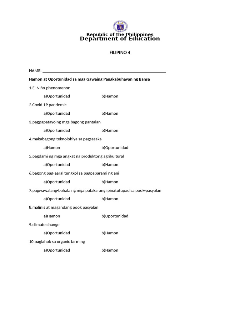 Filipino 4 Worksheets | PDF