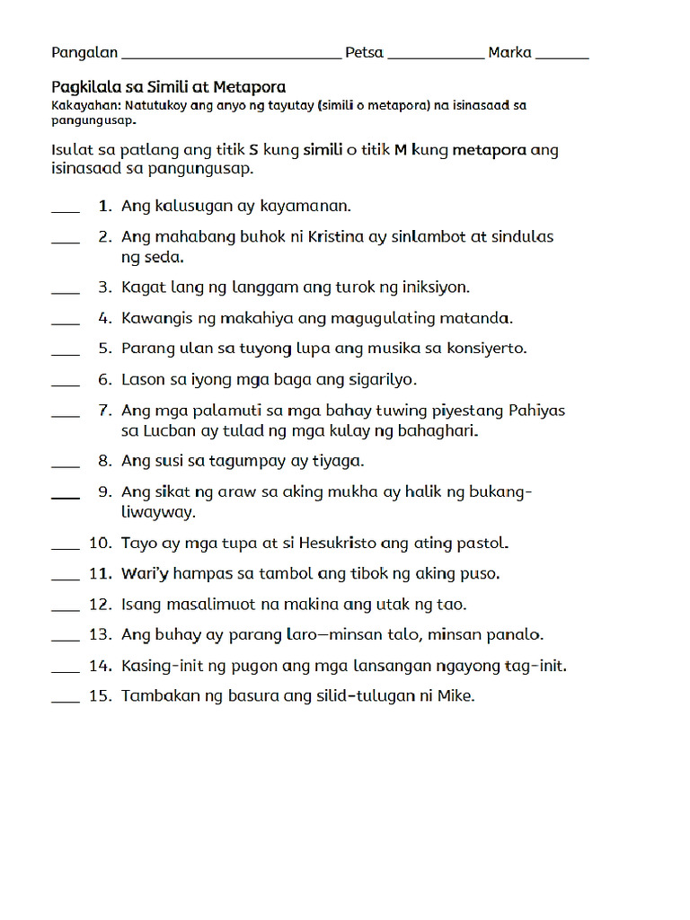 Filipino Worksheets Tayutay | PDF