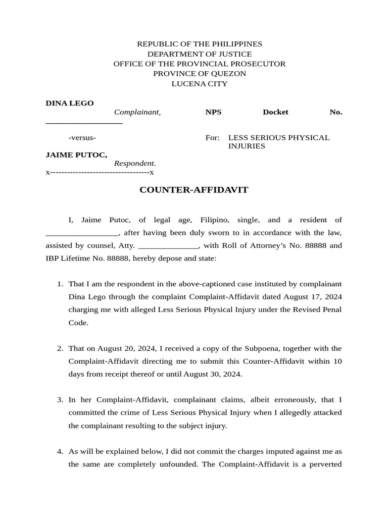 Counter Affidavit For Less Serious Physical Injuries | PDF | Misconduct ...