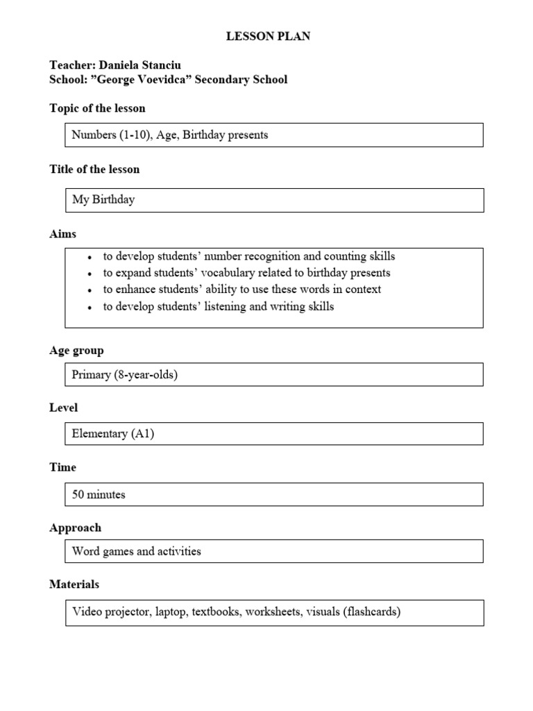 Birthday Lesson Plan for A1 Students | PDF | Lesson Plan | Vocabulary