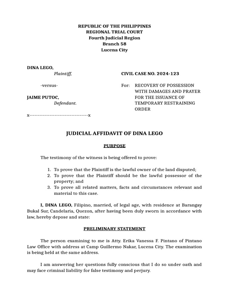 G. JA For Recovery of Possession With Damages and Prayer For TRO | PDF ...