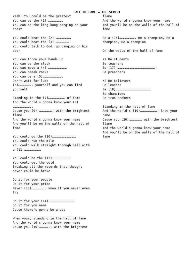 Hall of Fame Lyrics by The Script | PDF