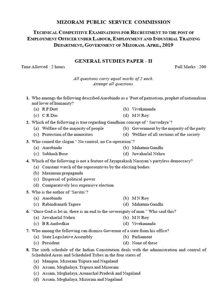 Mizoram PSC Employment Officer Exam 2019 | PDF