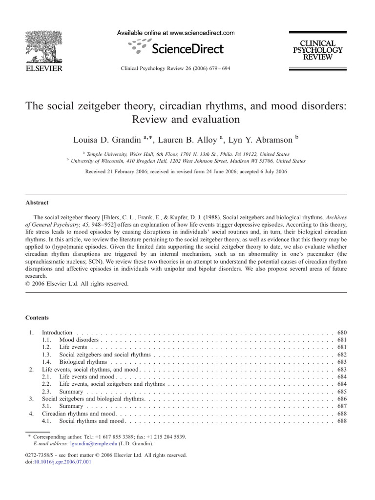 The Social Zeitgeber Theory, Circadian Rhythms, and Mood Disorders ...