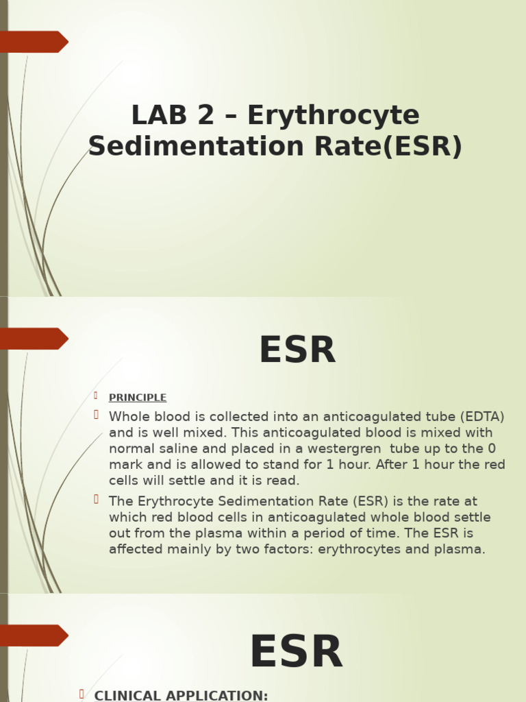 LAB 2 - Erythrocyte Sedimentation Rate (ESR) | PDF | Causes Of Death | Clinical Medicine