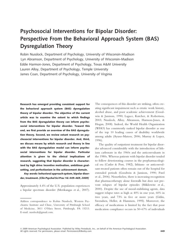 Psychosocial Interventions For Bipolar Disorder - Perspective From The ...