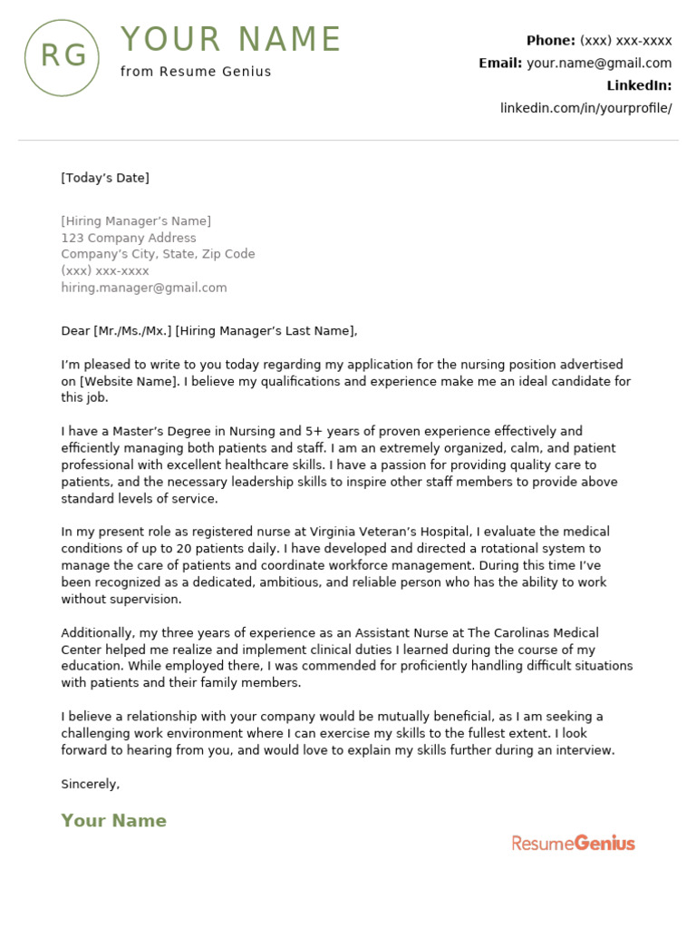 Registered Nurse Cover Letter Example Unique Modern Green | PDF ...