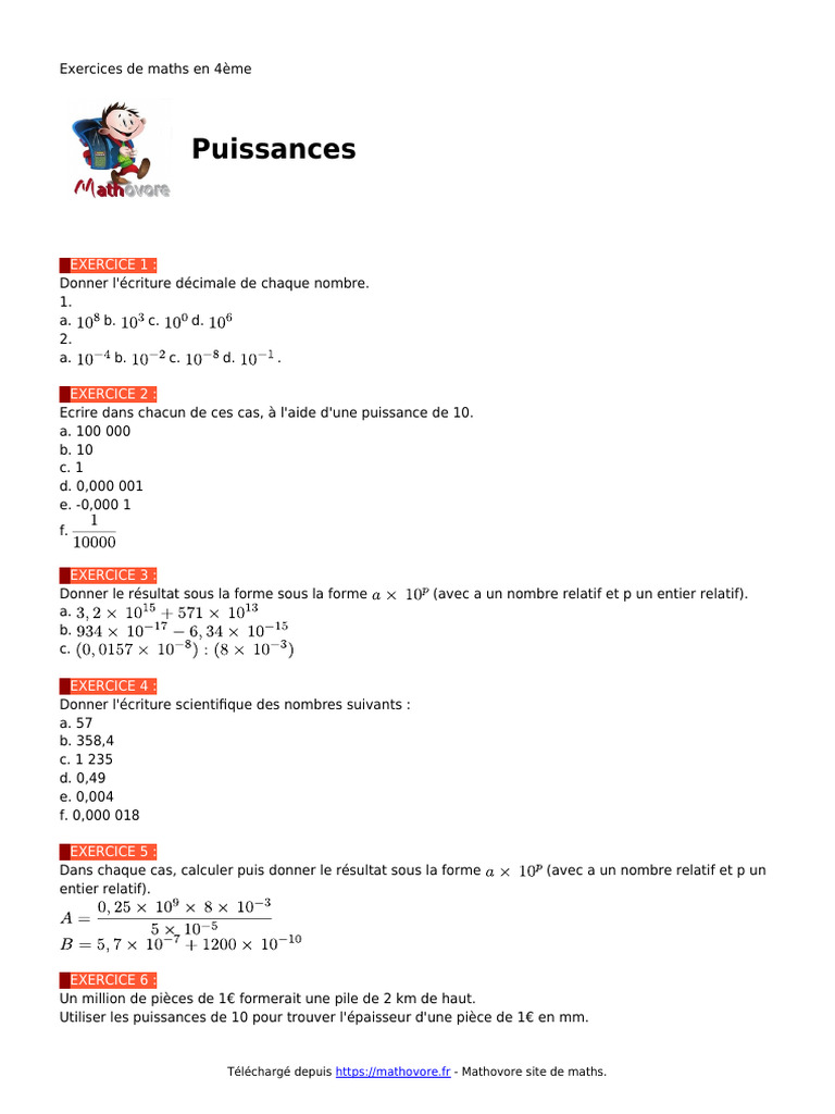 Puissances Exercices de Maths en 4eme 296 1 | PDF | Mathématiques