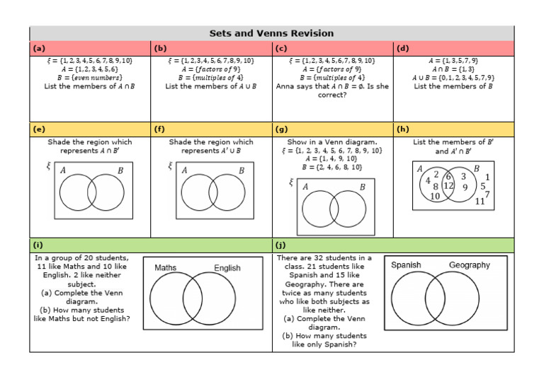 9th Maths Sets and Venns Revision Practice Grid (17-1-25) | PDF ...