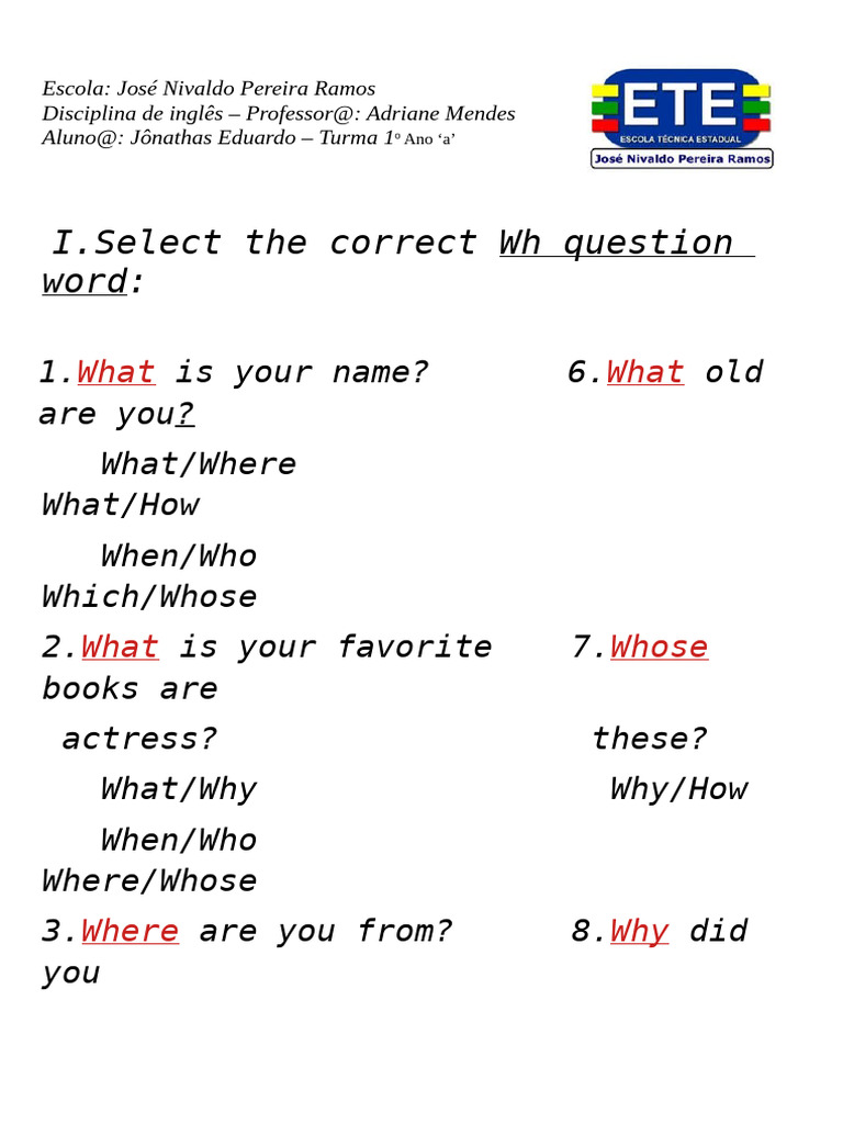 Wh Questions English Exercise | PDF