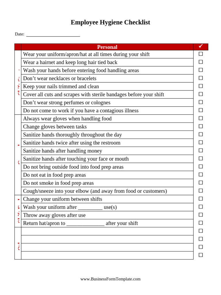 Employee Hygiene Compliance Checklist | PDF