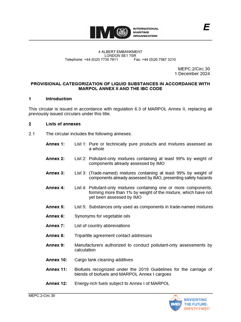 MEPC.2/Circ.30: Liquid Substance Categorization | PDF | Cargo