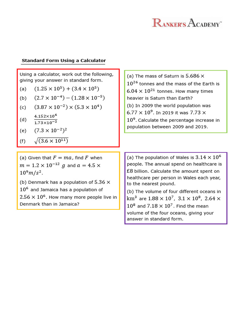 8th Maths Standard Form Using A Calculator Practice Strips (16!1!25) | PDF