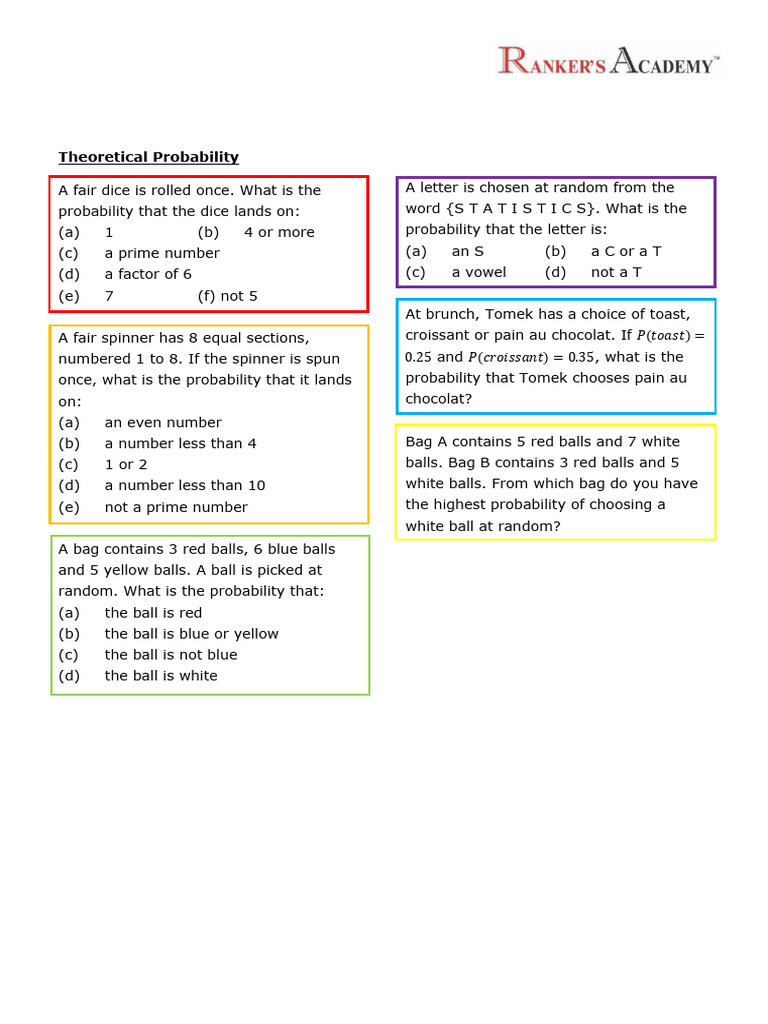 8th Maths Theoretical Probability Practice Strips (16!1!25) | PDF