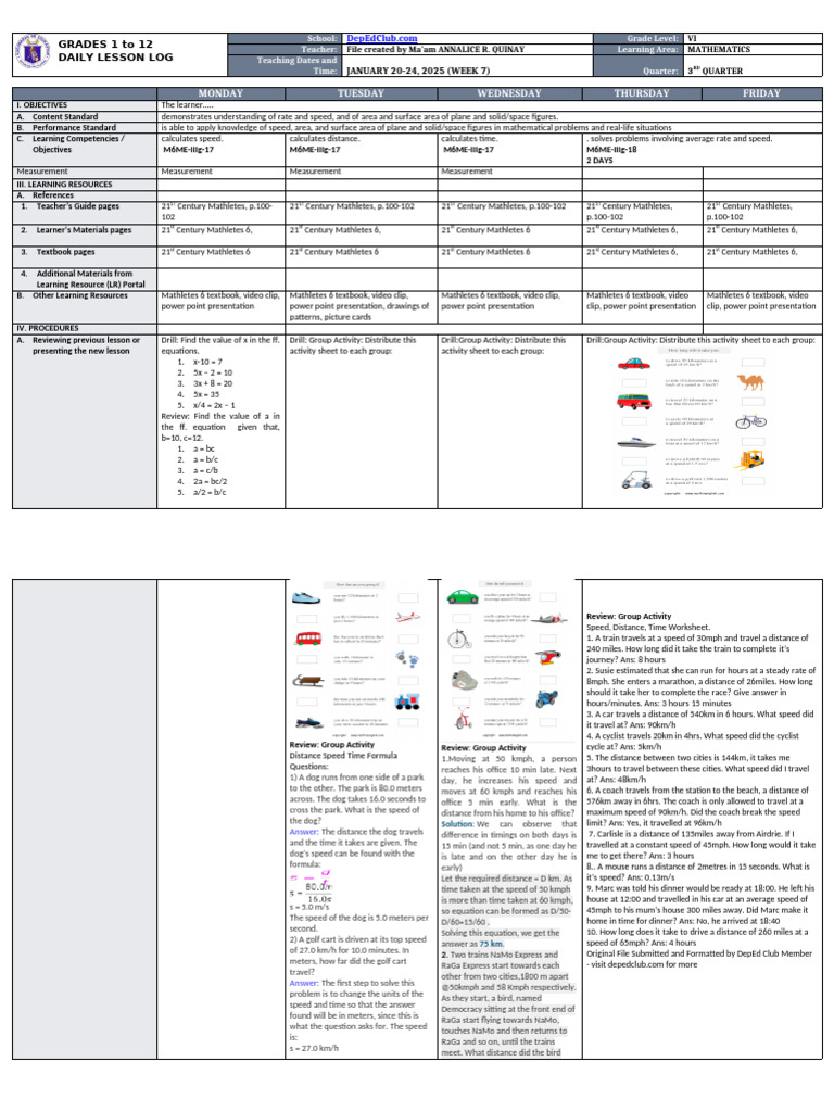 DLL - Mathematics 6 - Q3 - W7 | PDF | Speed | Distance