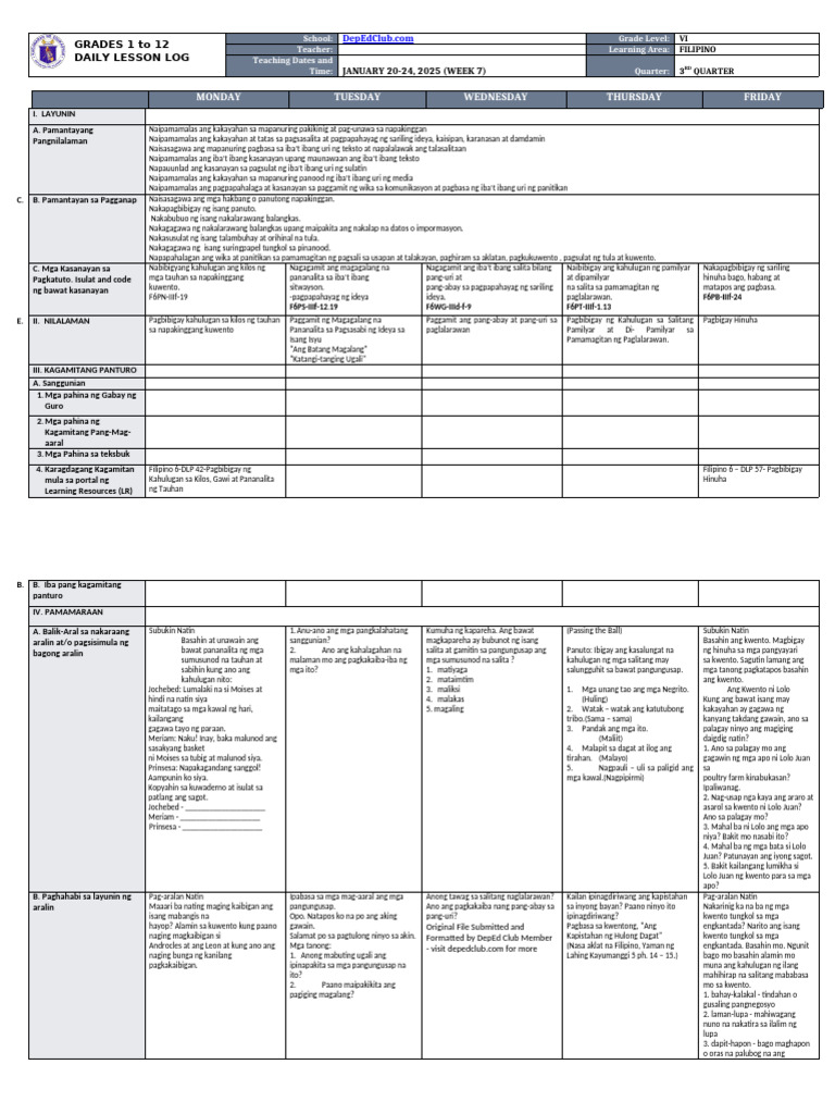 DLL - Filipino 6 - Q3 - W7 | PDF