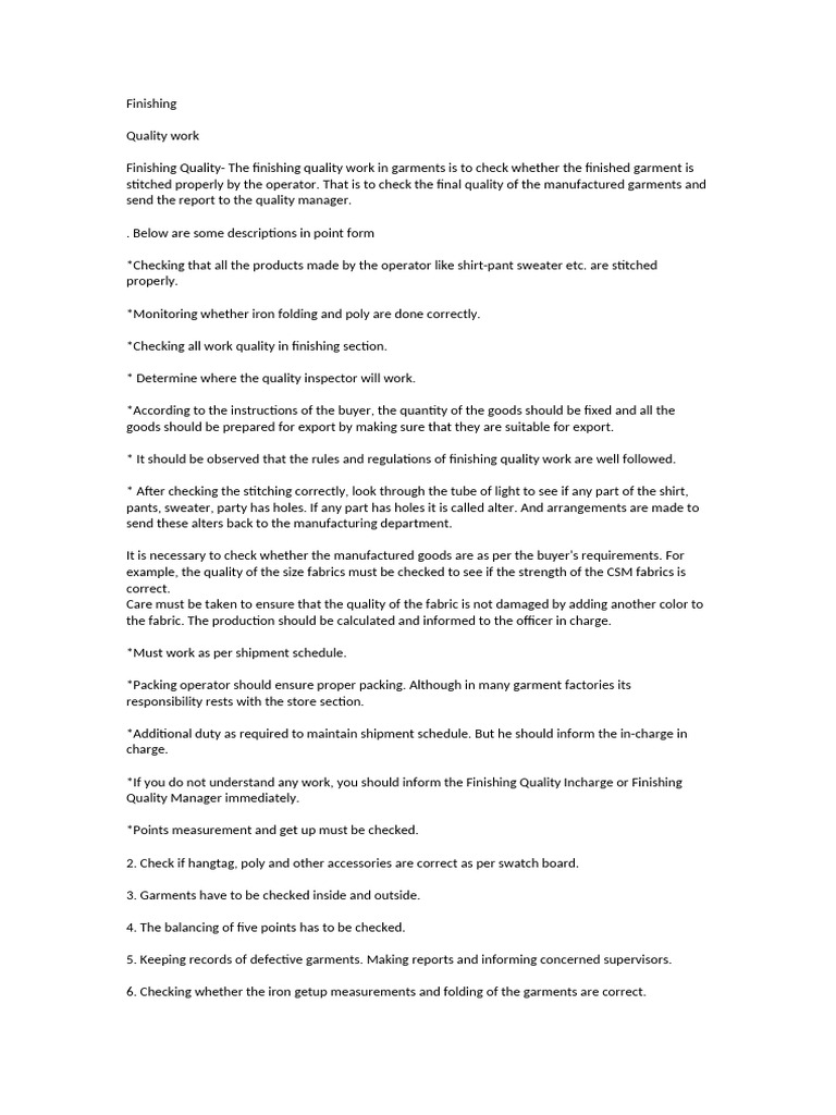 Garment Finishing Quality Control Guide | PDF | Clothing | Textiles