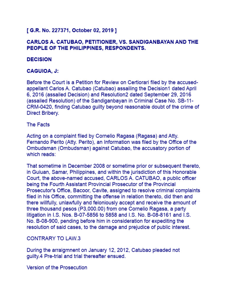 Catubao v. Sandiganbayan, G.R. No. 227371 | PDF | Burden Of Proof (Law ...