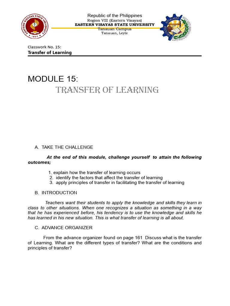 Answer of Module 15 Transfer of Learning | PDF | Learning | Cognition