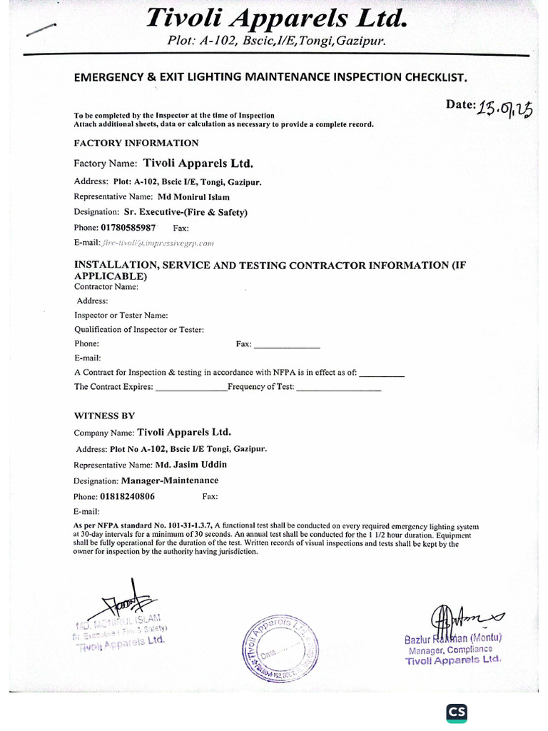 Emergency Exit Light & Emergency Light Inspection Maintenance Checklist ...