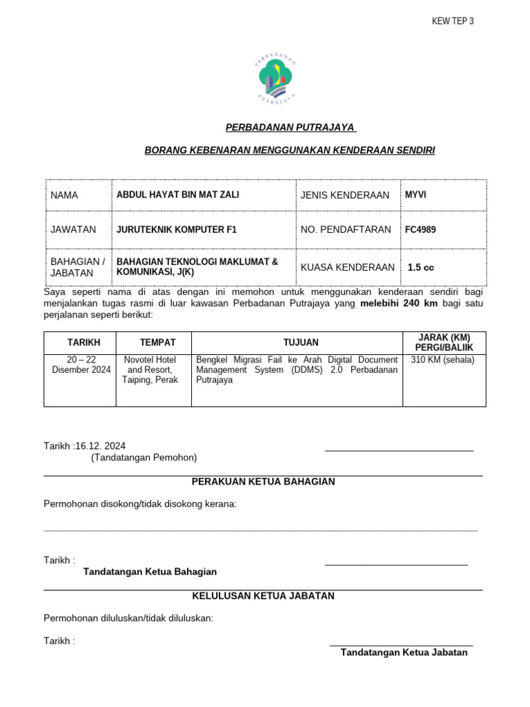 Borang Kebenaran Menggunakan Kenderaan Sendiri PKT | PDF