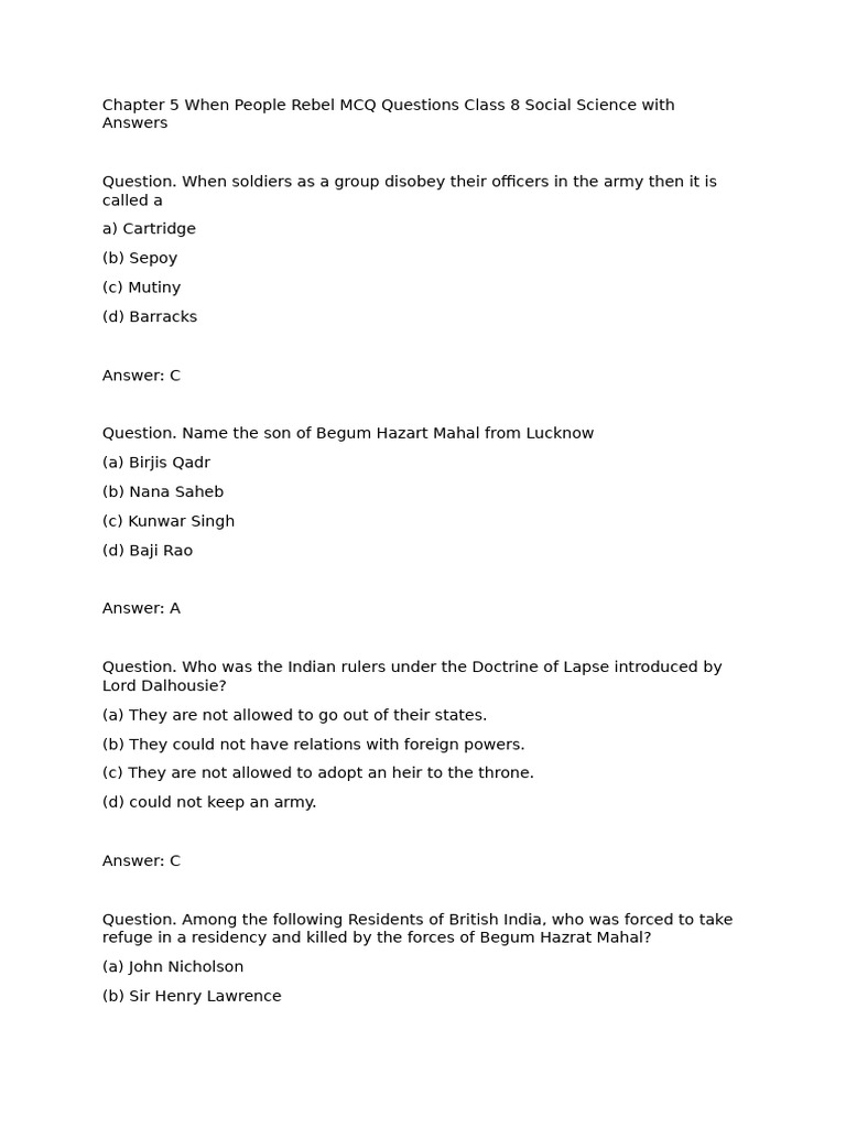 Chapter 5 When People Rebel MCQ Questions Class 8 Social Science With ...