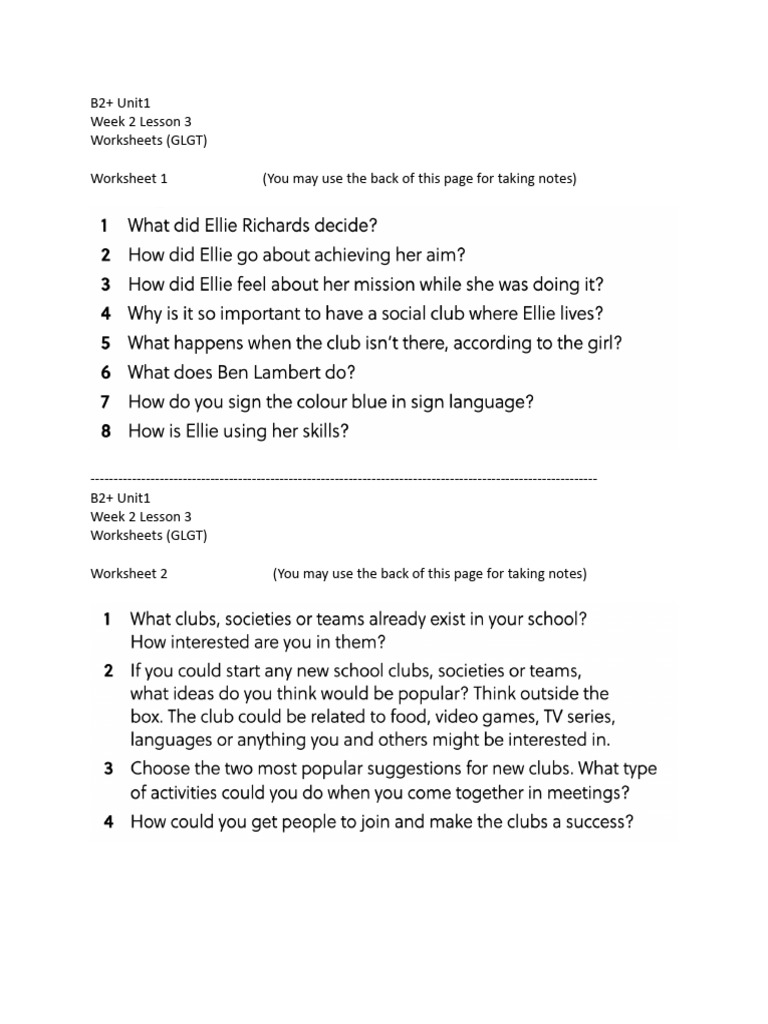 B2+ Unit 1 Week 1 Lesson 3 Worksheet | PDF