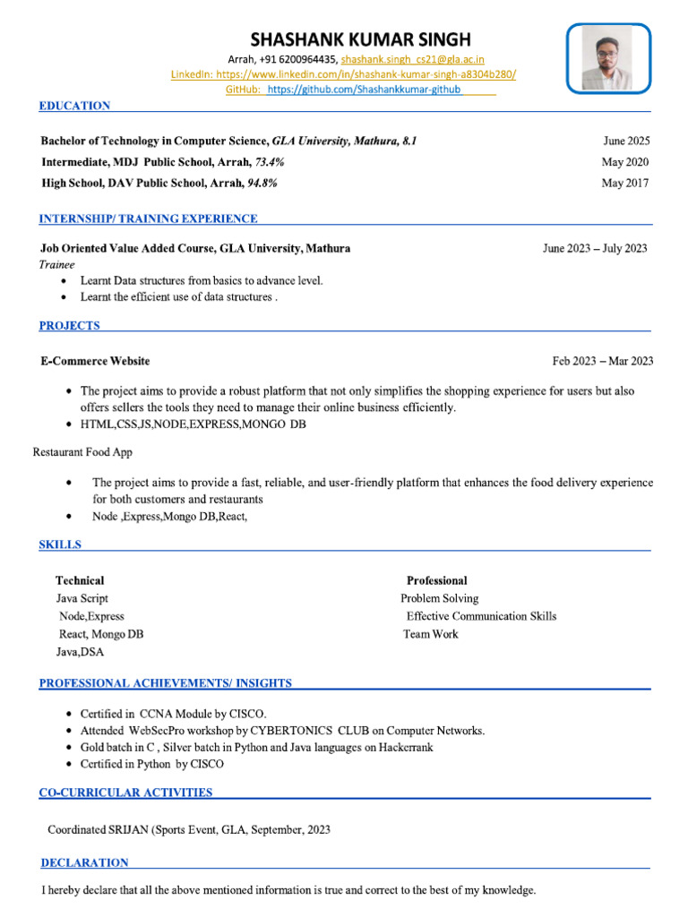 Shashank Kumar Singh GLAU CSE | PDF