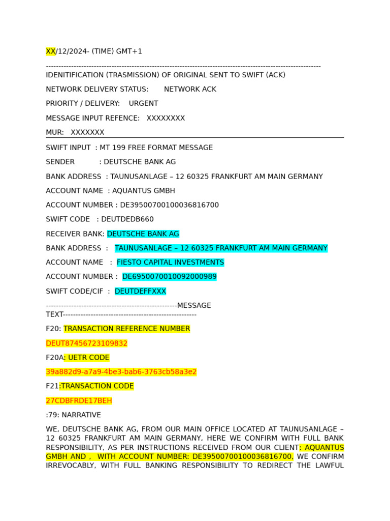 2.verbiage MT199 (200bi ) Aquantus - Nov - Fiesto. | PDF | Euro | Payments