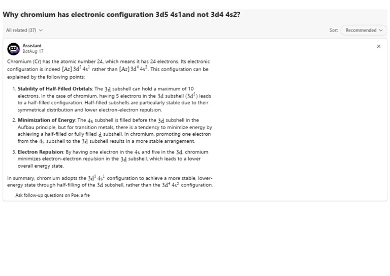 Why Chromium Has Electronic Configuration 3d5 4s1 | PDF
