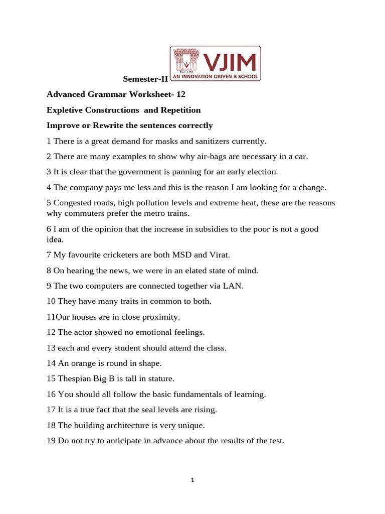 Expletive Constructions & Repetition Worksheet | PDF