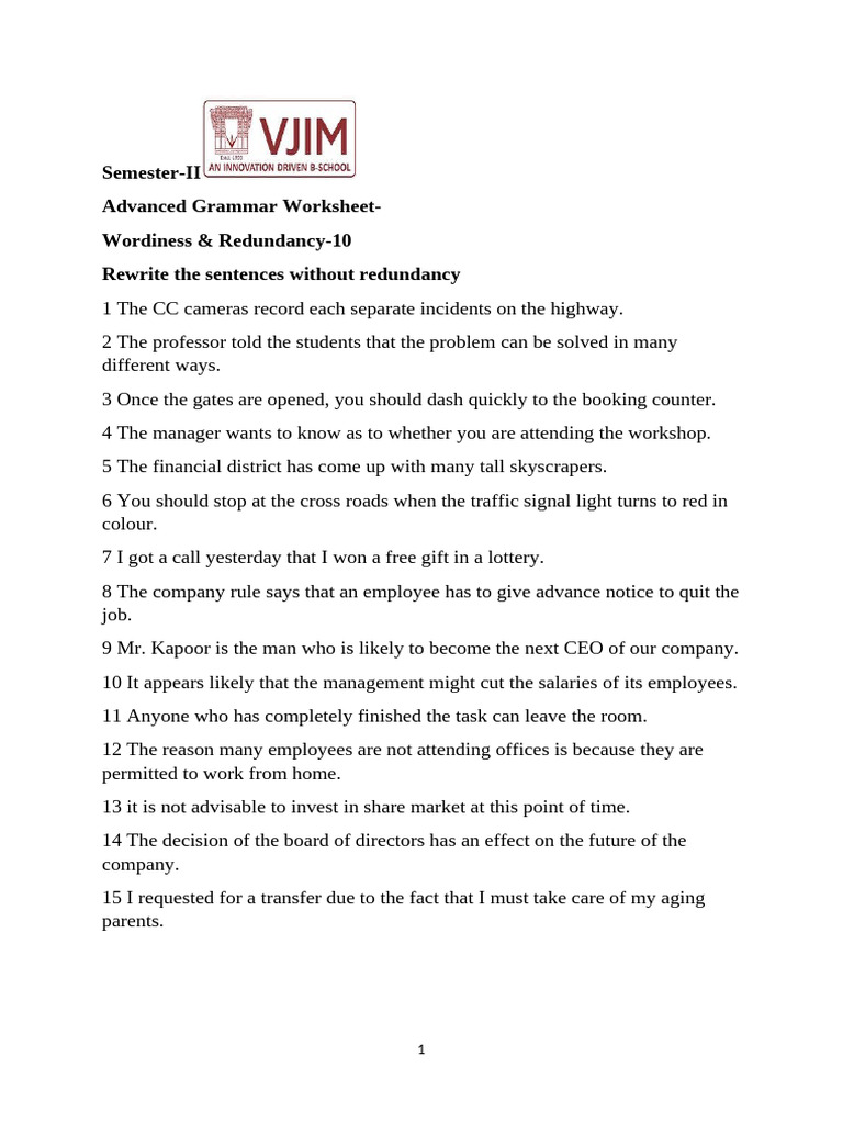 Redundancy & Wordiness worksheet-1 | PDF