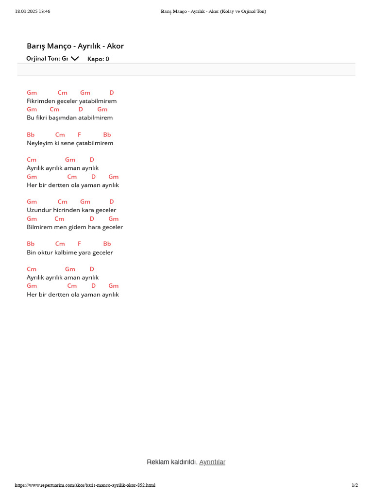 Barış Manço - Ayrılık - Akor (Kolay Ve Orjinal Ton) | PDF