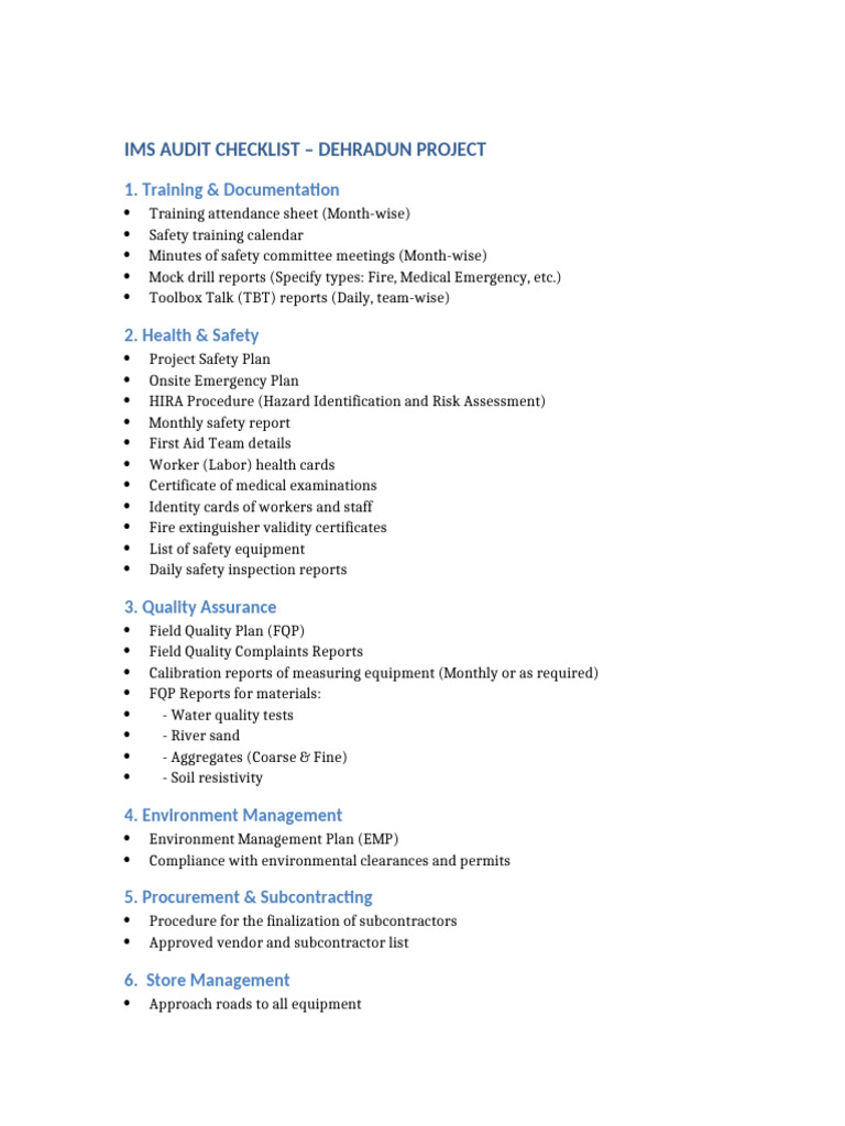 IMS Audit Checklist Dehradun | PDF